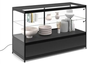 displays2go 60 inch glass showcase, hidden storage, led lights, lockable sliding door - black (iaphv60led)