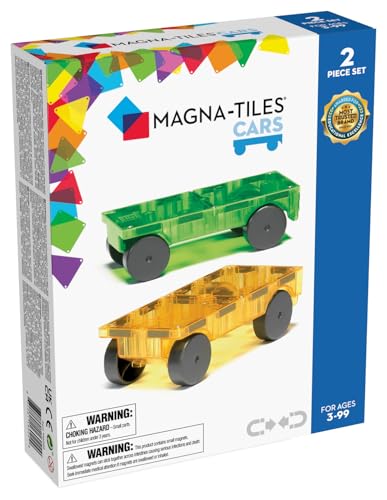 MAGNA-TILES Cars – Green & Yellow 2-Piece Magnetic Construction Set, The ORIGINAL Magnetic Building Brand