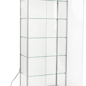 Displays2go 29"w x 72"h Glass Display Case, 5 Adjustable Shelves, Lights, Wheels - Silver (173CPLEDSL)