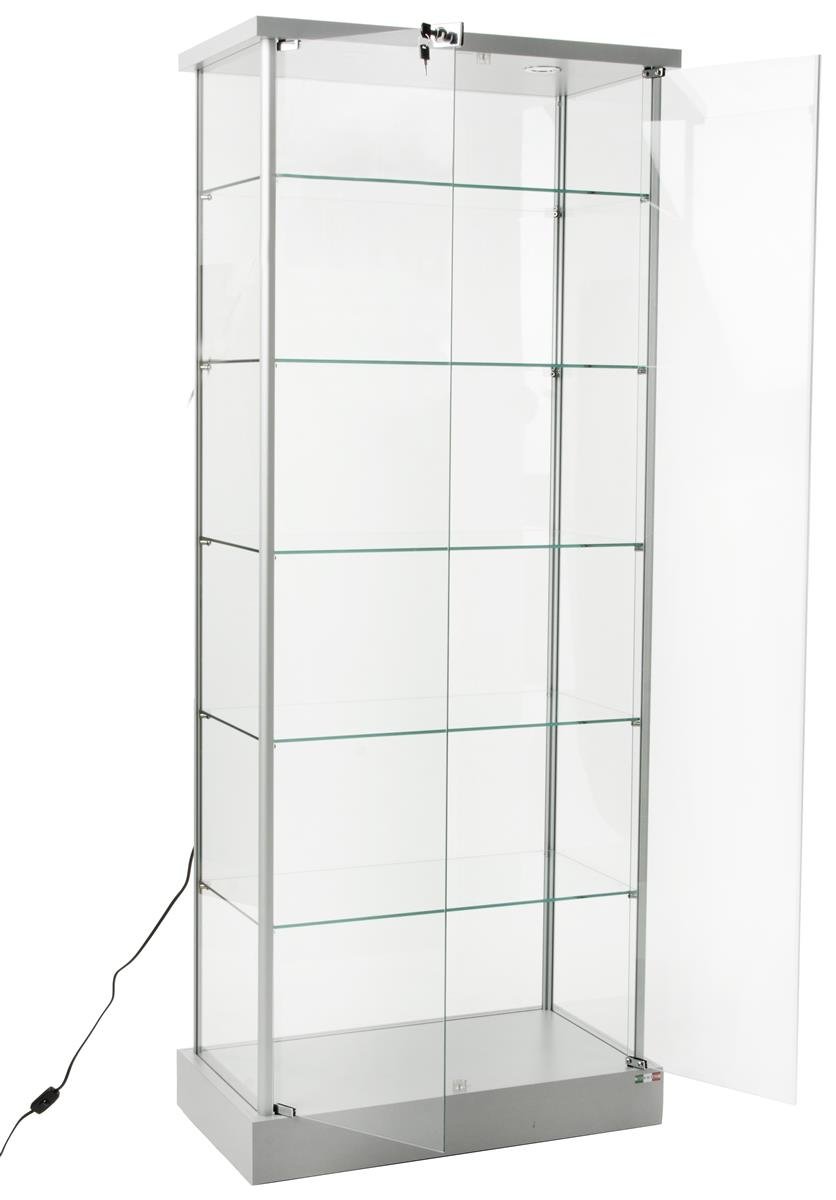 Displays2go 29"w x 72"h Glass Display Case, 5 Adjustable Shelves, Lights, Wheels - Silver (173CPLEDSL)