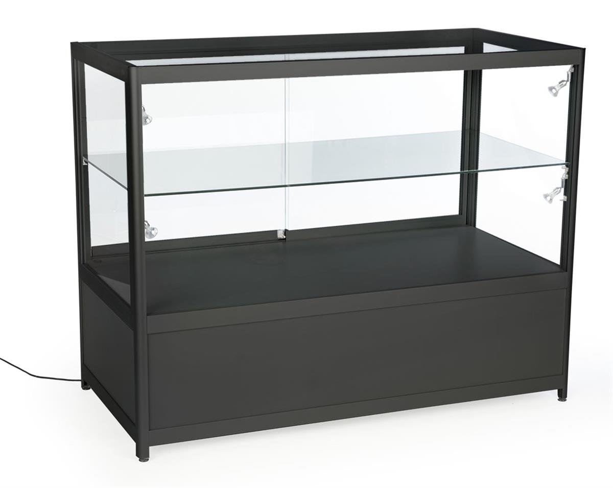 Displays2go 48 Inch Retail Showcase, w/Storage, LED Lights, Lockable Sliding Door - Black (SCTCT48LDB)