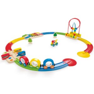 hape e3815 rainbow sights & sounds toddler wooden railway, multicolor