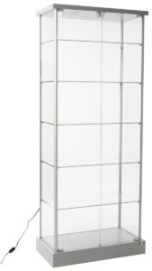 displays2go 29"w x 72"h glass display case, 5 adjustable shelves, lights, wheels - silver (173cpledsl)