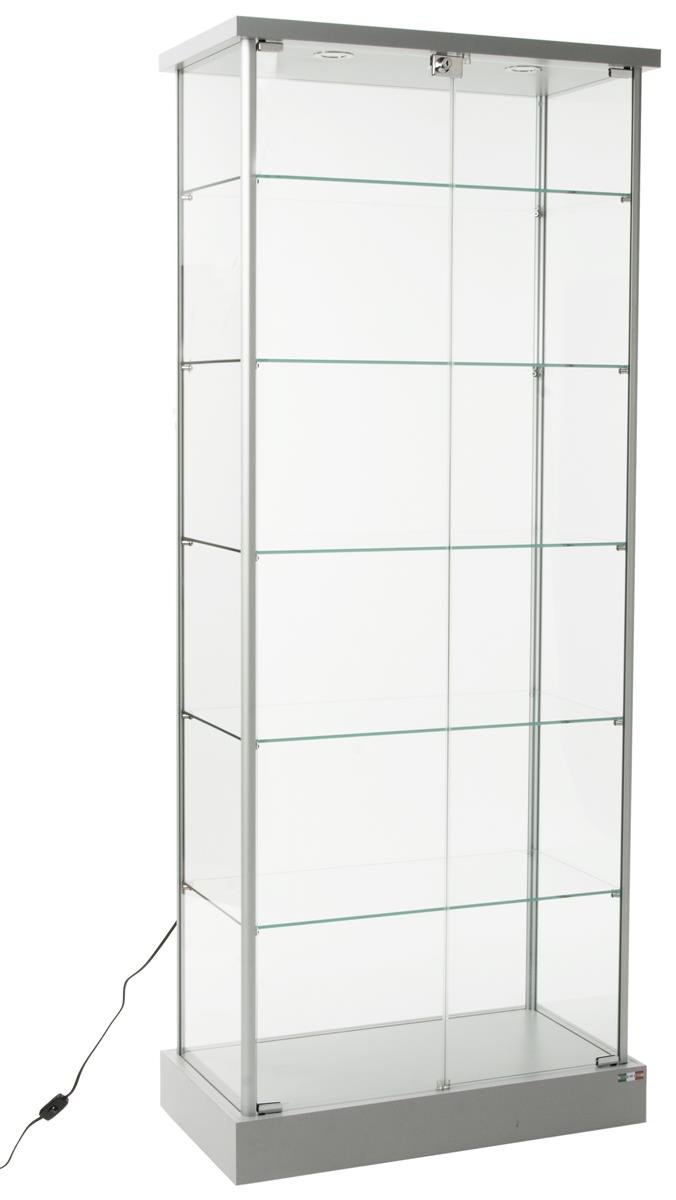 Displays2go 29"w x 72"h Glass Display Case, 5 Adjustable Shelves, Lights, Wheels - Silver (173CPLEDSL)