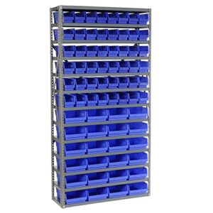 global industrial 13 shelf steel shelving with (72) 4" h plastic shelf bins, blue, 36x12x72