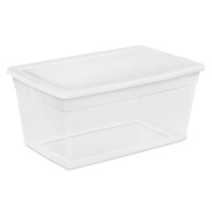 sterilite 90 qt storage box, stackable bin with lid, plastic container to organize clothes, blankets, towels in closet, clear with white lid, ‎29.75"l x 13.5"w x 18.75"h, 4-pack