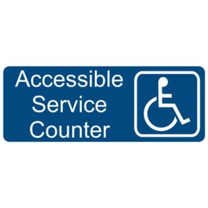 compliancesigns.com accessible service counter engraved sign for dining/hospitality/retail, 8x3 in. white on blue acrylic