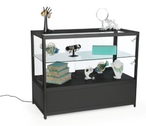 displays2go 48 inch retail showcase, w/storage, led lights, lockable sliding door - black (sctct48ldb)