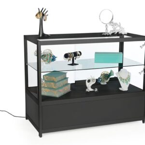 Displays2go 48 Inch Retail Showcase, w/Storage, LED Lights, Lockable Sliding Door - Black (SCTCT48LDB)