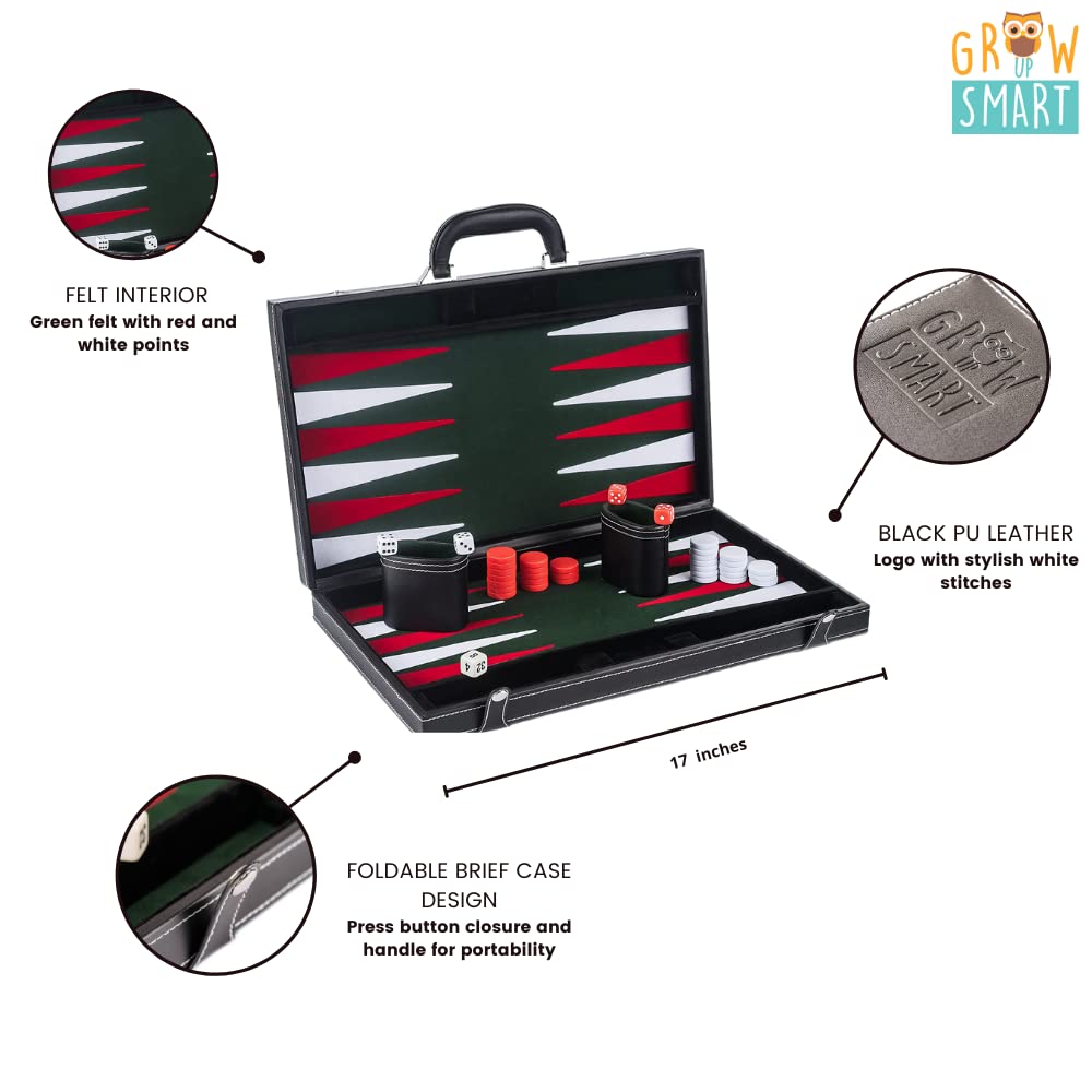 Smart Tactics Premium Backgammon Set - Large 17'' Wood & PU Leather Folding Backgammon Board Game - Green/White/Red Felt Interior - Includes Dice Cups, Doubling Cube & Instruction Manual