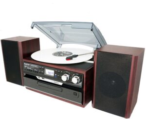 boytone bt-24djm bluetooth classic style record player turntable with am/fm, cd/cassette player, separate stereo speakers, record from vinyl, radio, cassette to usb with mp3 format, sd slot, usb, aux.