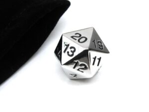 koplow games large 22mm zinc metal alloy countdown d20 dice w black bag, 1 pc - black numbers