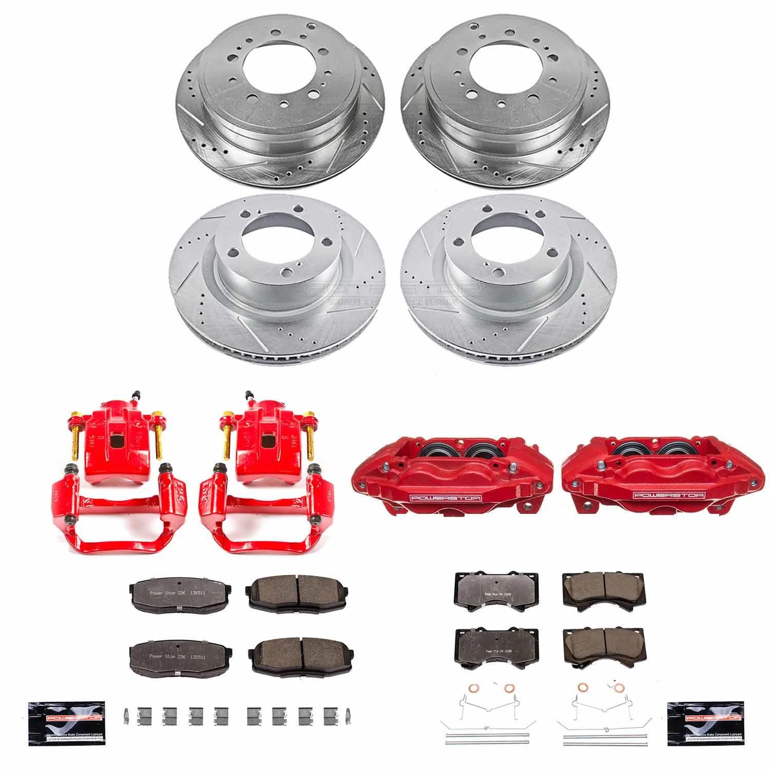 Power Stop KC2813A-36 Front and Rear Z36 Truck & Tow Carbon Fiber Ceramic Brake Pads with Drilled and Slotted Rotors and Red Calipers For 2007-2015 Toyota Tundra | 2008-2015 Toyota Sequoia