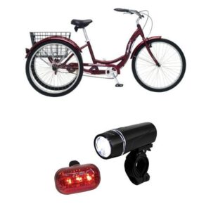 schwinn meridian adult 26-inch 3-wheel bike (black cherry) and bv bicycle light set super bright 5 led headlight, 3 led taillight, quick-release