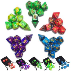 new 5 x 7-die series polyhedral dice set - 5 colors dungeons and dragons dnd rpg mtg table games dice with 5 free pouches by flyesto