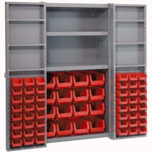 global industrial bin cabinet with 64 red bins, 38x24x72, unassembled