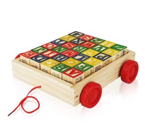 number 1 in service wooden alphabet blocks, best wagon abc wooden block letters come in a pull wagon for easy storage and movement, most entertaining wooden toy for toddlers, 30 pieces set.