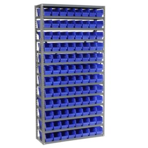 global industrial 13 shelf steel shelving with (96) 4" h plastic shelf bins, blue, 36x12x72