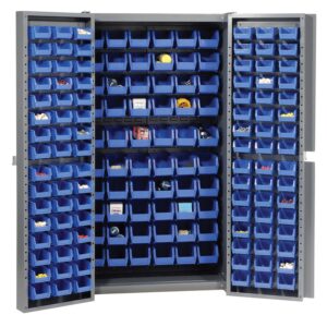 global industrial bin cabinet with 156 blue bins, 38x24x72, assembled