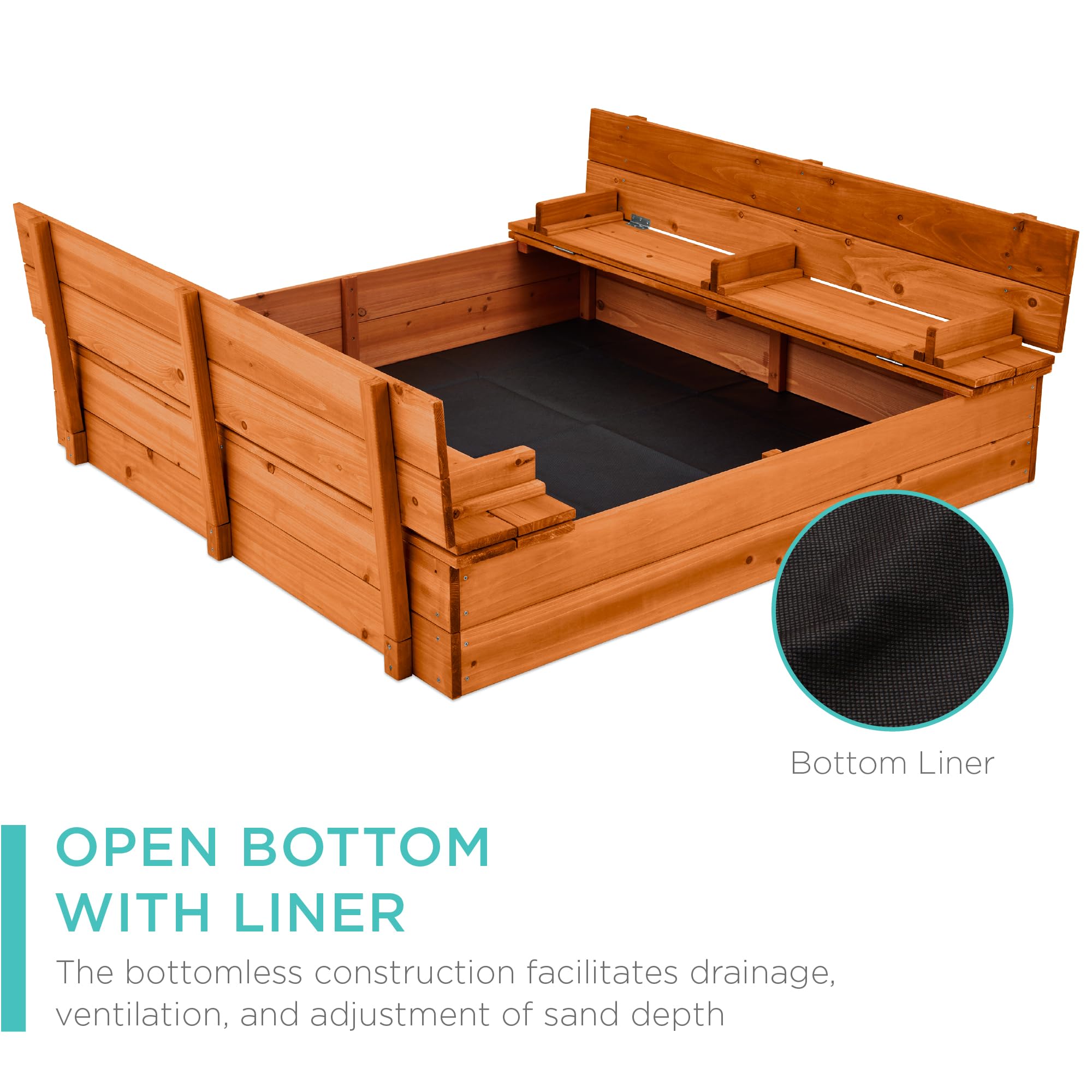 Best Choice Products Kids' Outdoor Wooden Sandbox Large, Cedar Wood with Foldable Bench Seats and Sand Protection, Bottom Liner Included - Brown