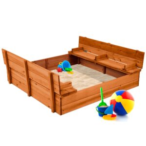 best choice products kids' outdoor wooden sandbox large, cedar wood with foldable bench seats and sand protection, bottom liner included - brown