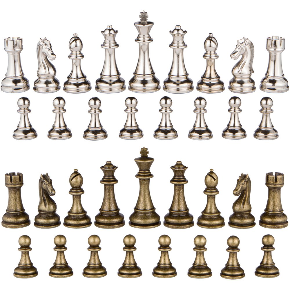 Janus Silver and Bronze Extra Heavy Metal Chess Pieces with 4.5 Inch King and Extra Queens, Pieces Only, No Board