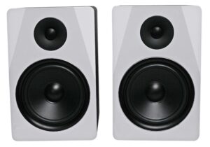 rockville apm8w powered usb studio monitor speaker pair in white, 8", 2-way, 500w, eq, mdf wood, rca/xlr, perfect for studios, recording, music