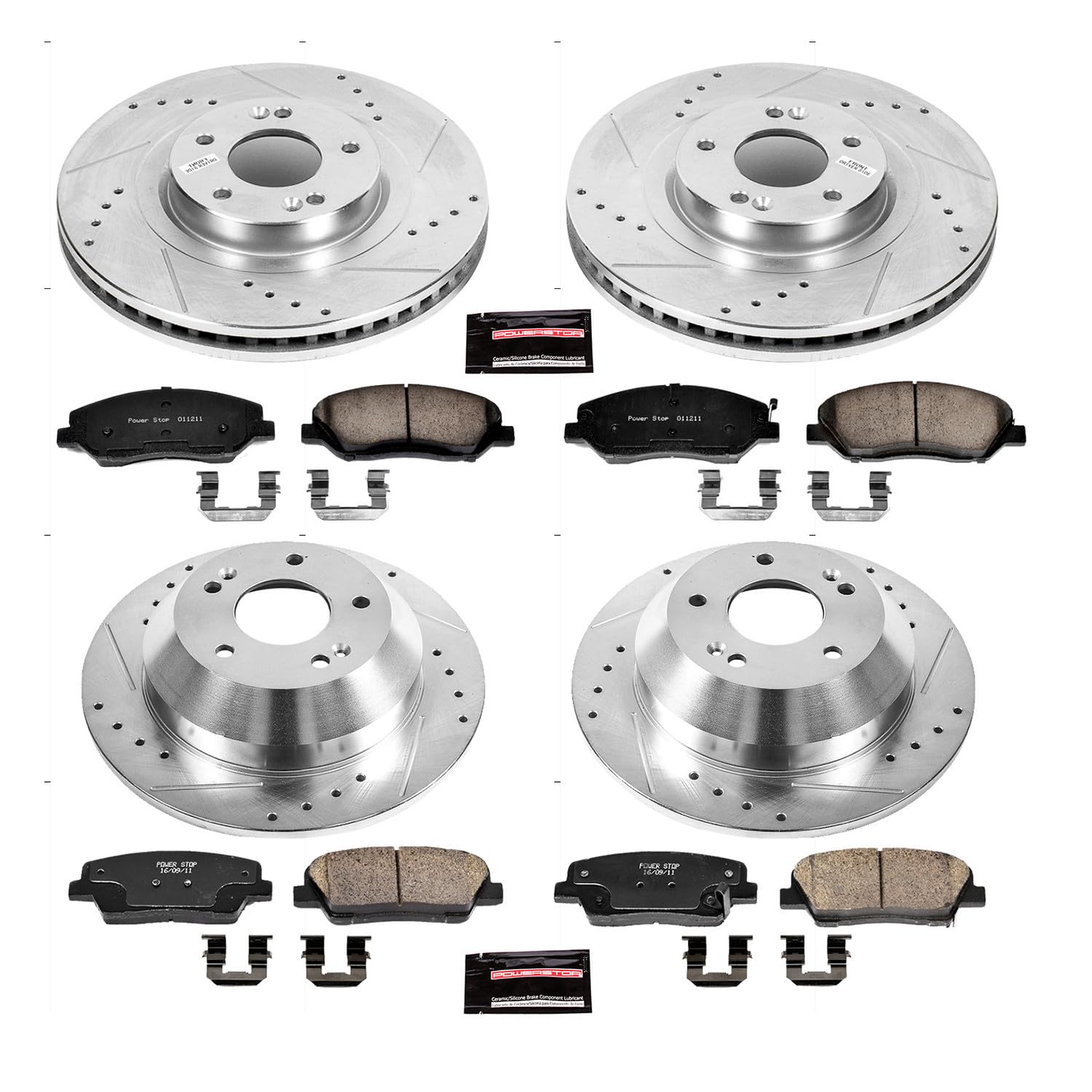 Power Stop K6950 Front and Rear Z23 Carbon Fiber Brake Pads with Drilled & Slotted Brake Rotors Kit For Hyundai Santa Fe 2013-2016 [Model Specific]