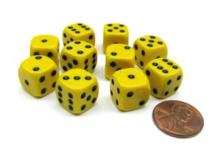 koplow games pack of 10 12mm round edge opaque small dice - yellow with black pips