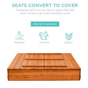 Best Choice Products Kids' Outdoor Wooden Sandbox Large, Cedar Wood with Foldable Bench Seats and Sand Protection, Bottom Liner Included - Brown