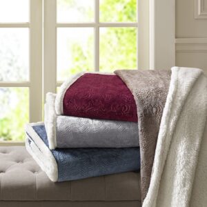 madison park elma luxury oversized textured plush throw blue 60*70 premium soft cozy embossed micro velour for bed, coach or sofa