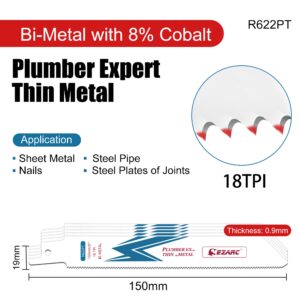 EZARC Reciprocating Saw Blade Bi-Metal Cobalt Sabre Saw Blades for Thin Metal Cutting 6-Inch 18TPI R622PT (5-Pack)