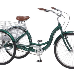 Schwinn Meridian Adult Tricycle Bike, Mens and Womens Three Wheel Beach Cruiser, 26-Inch Wheels, Low Step-Through Frame, Wide Seat, Rear Folding Basket, 1-Speed, Green