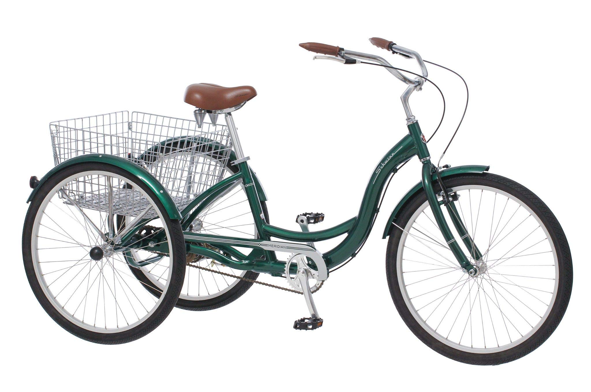 Schwinn Meridian Adult Tricycle Bike, Mens and Womens Three Wheel Beach Cruiser, 26-Inch Wheels, Low Step-Through Frame, Wide Seat, Rear Folding Basket, 1-Speed, Green