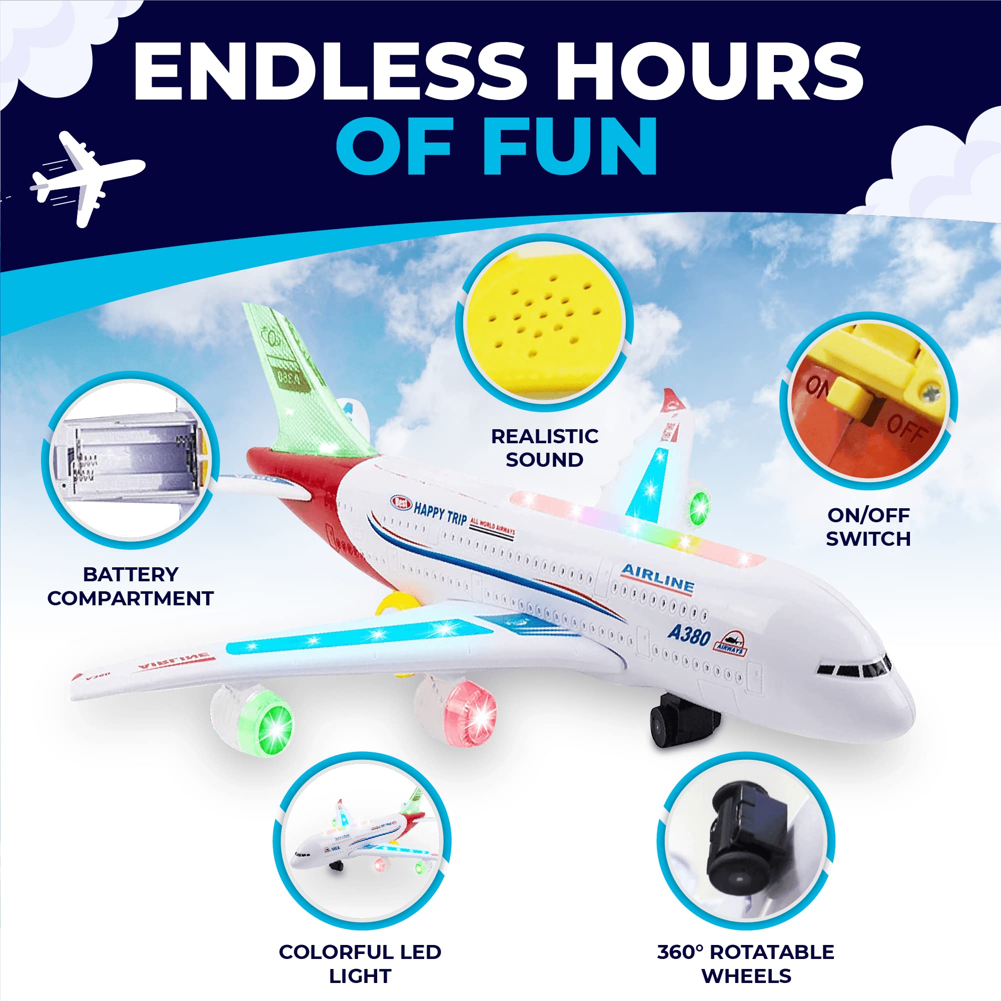 Toysery Airplane Toys for Kids, Bump and Go Action, Toddler Toy Plane with LED Flashing Lights and Sounds. Ideal for Boys & Girls 3-12 Years Old (Airbus A380)