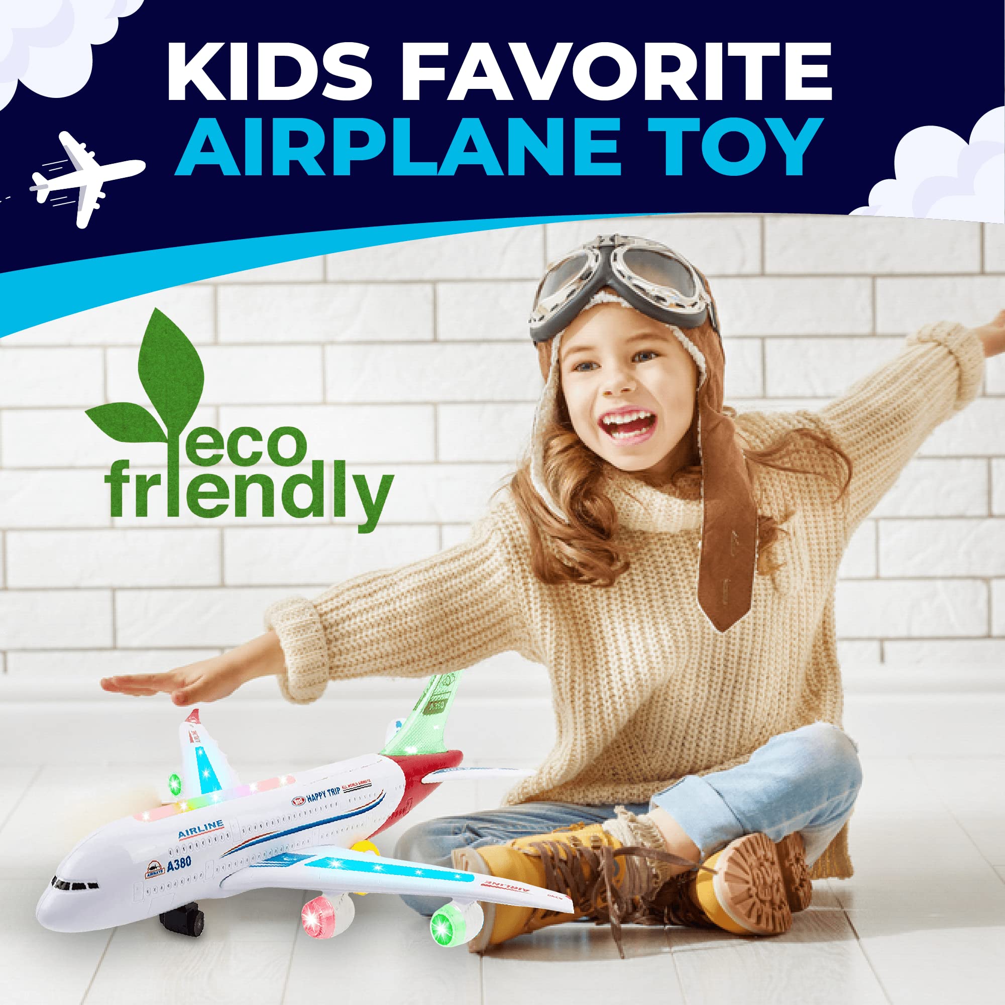 Toysery Airplane Toys for Kids, Bump and Go Action, Toddler Toy Plane with LED Flashing Lights and Sounds. Ideal for Boys & Girls 3-12 Years Old (Airbus A380)