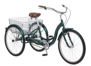 schwinn meridian adult tricycle bike, mens and womens three wheel beach cruiser, 26-inch wheels, low step-through frame, wide seat, rear folding basket, 1-speed, green