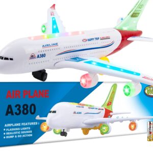 Toysery Airplane Toys for Kids, Bump and Go Action, Toddler Toy Plane with LED Flashing Lights and Sounds. Ideal for Boys & Girls 3-12 Years Old (Airbus A380)