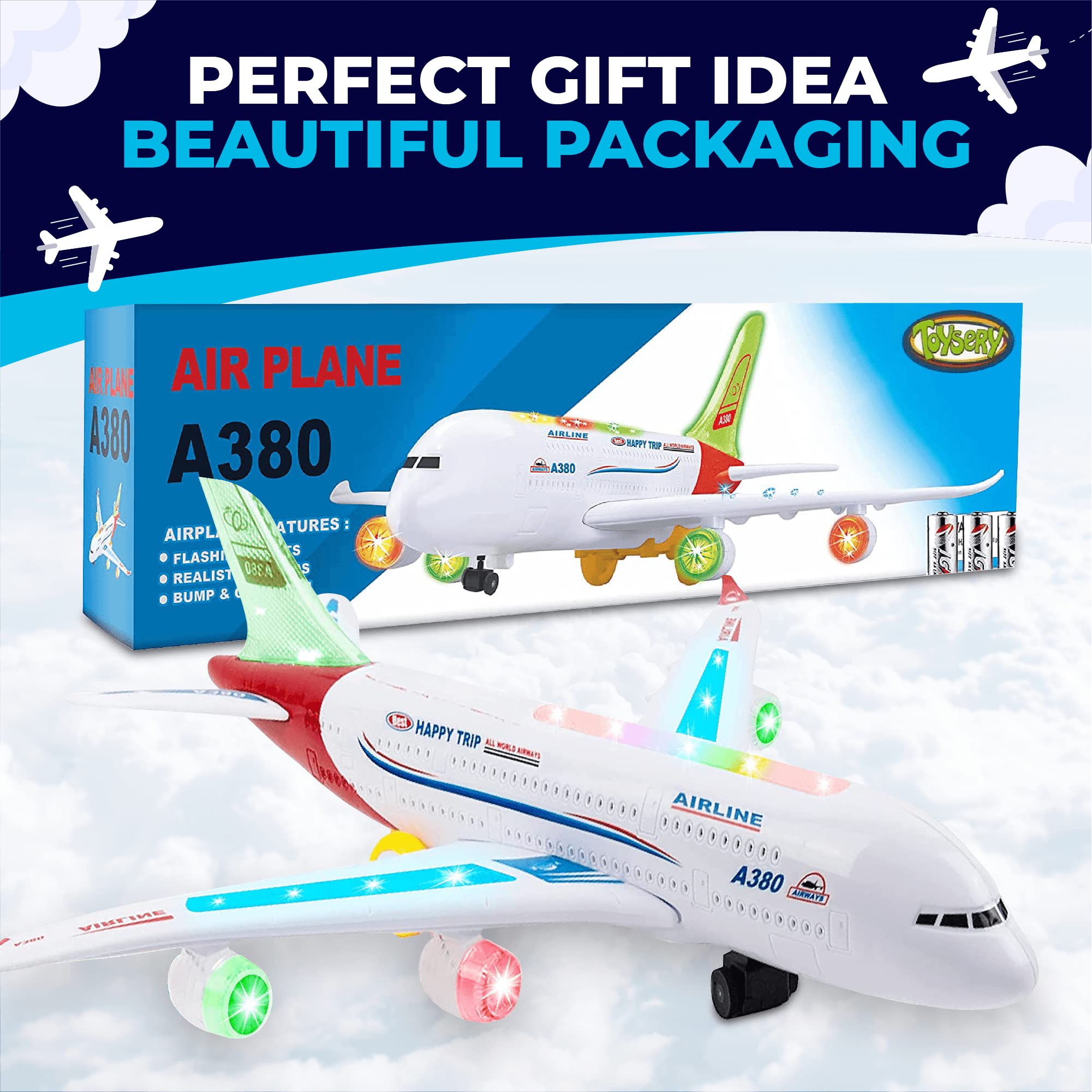 Toysery Airplane Toys for Kids, Bump and Go Action, Toddler Toy Plane with LED Flashing Lights and Sounds. Ideal for Boys & Girls 3-12 Years Old (Airbus A380)