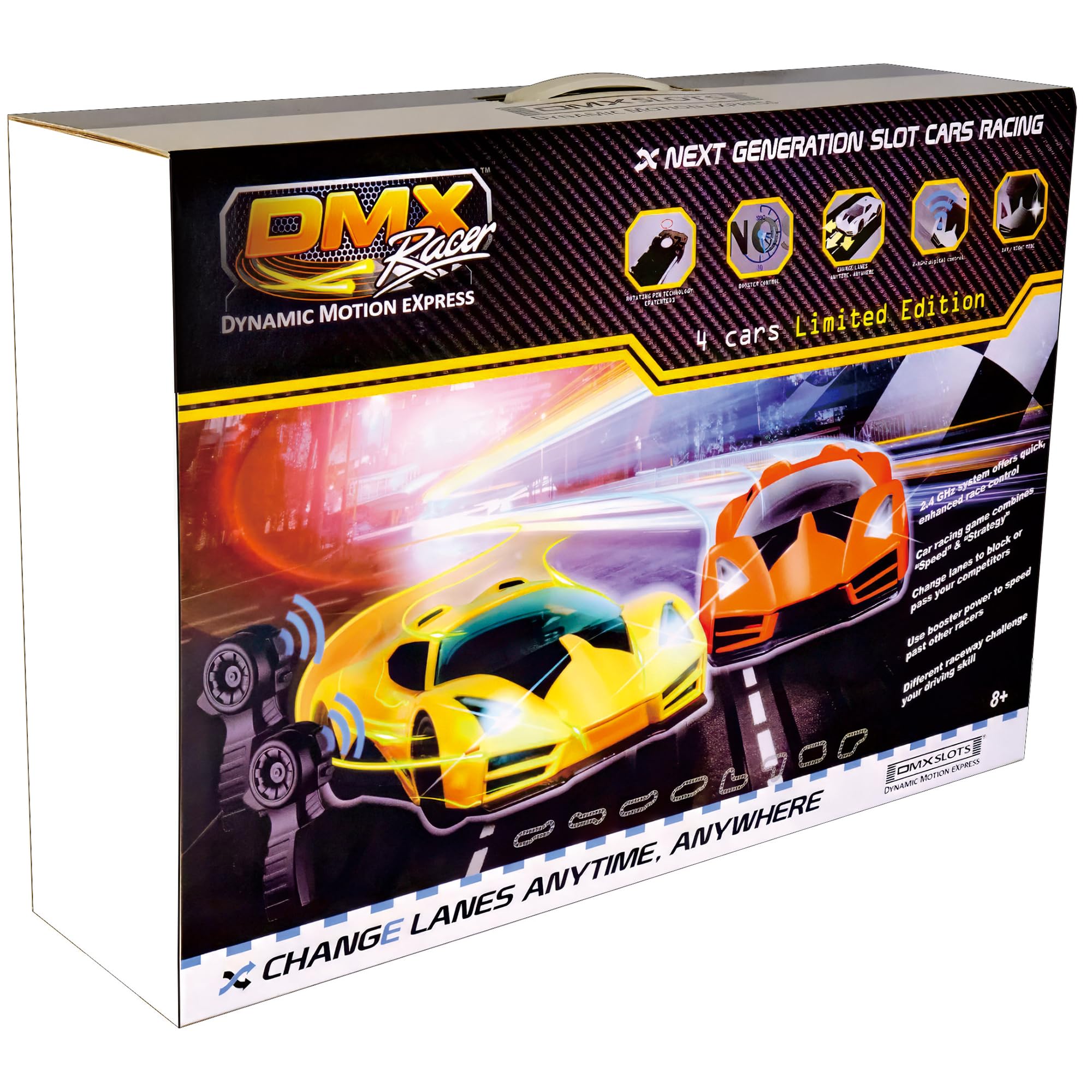 DMX Racer: Dynamic Motion Express - Exclusive Pro Slot Car Racing, 2.4GHz 4 Player 18' Multi-Track, Progressive Remote Control Vehicles, Lane Changing