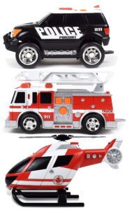 sunny days entertainment maxx action mini rescue vehicles 3 pack | rubber tires | lights & sounds | 8 assorted styles | helicopter - fire truck - ambulance | color & style may vary