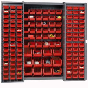 global industrial bin cabinet with 144 red bins, 38x24x72, assembled