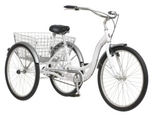 schwinn meridian adult tricycle bike, mens and womens three wheel beach cruiser, 26-inch wheels, low step-through frame, wide seat, rear folding basket, 1-speed, white