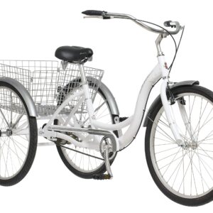 Schwinn Meridian Adult Tricycle Bike, Mens and Womens Three Wheel Beach Cruiser, 26-Inch Wheels, Low Step-Through Frame, Wide Seat, Rear Folding Basket, 1-Speed, White