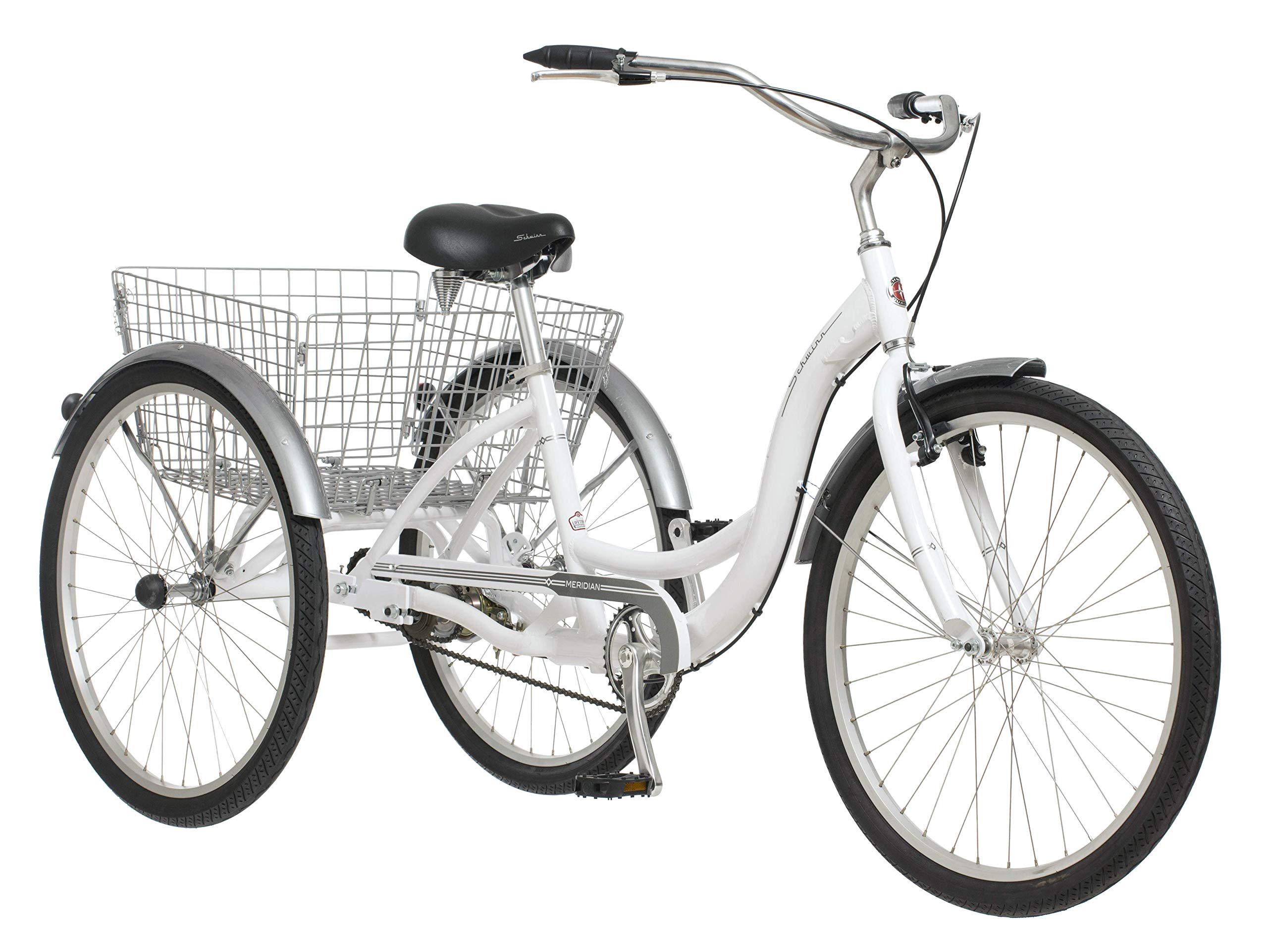 Schwinn Meridian Adult Tricycle Bike, Mens and Womens Three Wheel Beach Cruiser, 26-Inch Wheels, Low Step-Through Frame, Wide Seat, Rear Folding Basket, 1-Speed, White