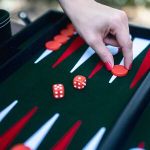 Smart Tactics Premium Backgammon Set - Large 17'' Wood & PU Leather Folding Backgammon Board Game - Green/White/Red Felt Interior - Includes Dice Cups, Doubling Cube & Instruction Manual