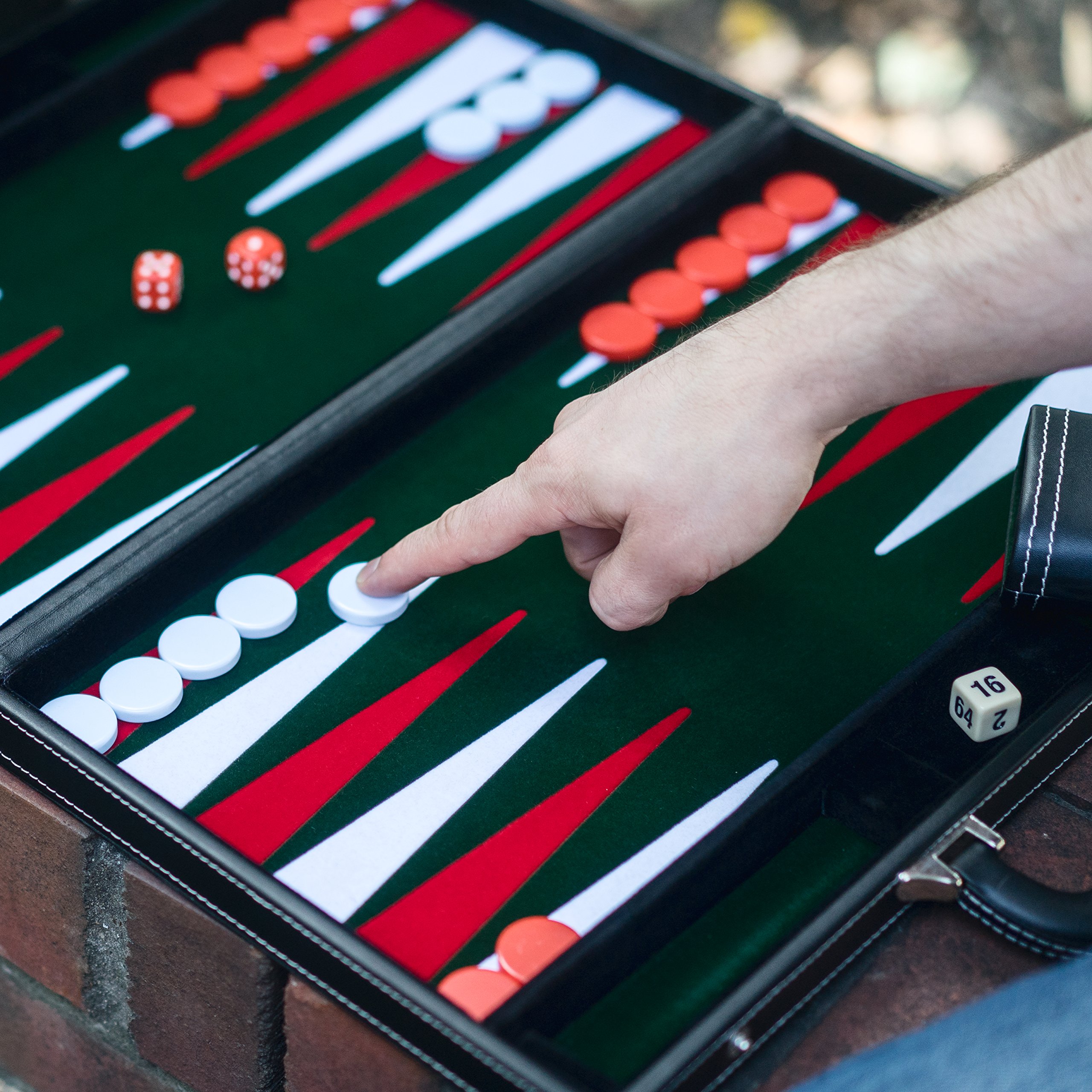 Smart Tactics Premium Backgammon Set - Large 17'' Wood & PU Leather Folding Backgammon Board Game - Green/White/Red Felt Interior - Includes Dice Cups, Doubling Cube & Instruction Manual