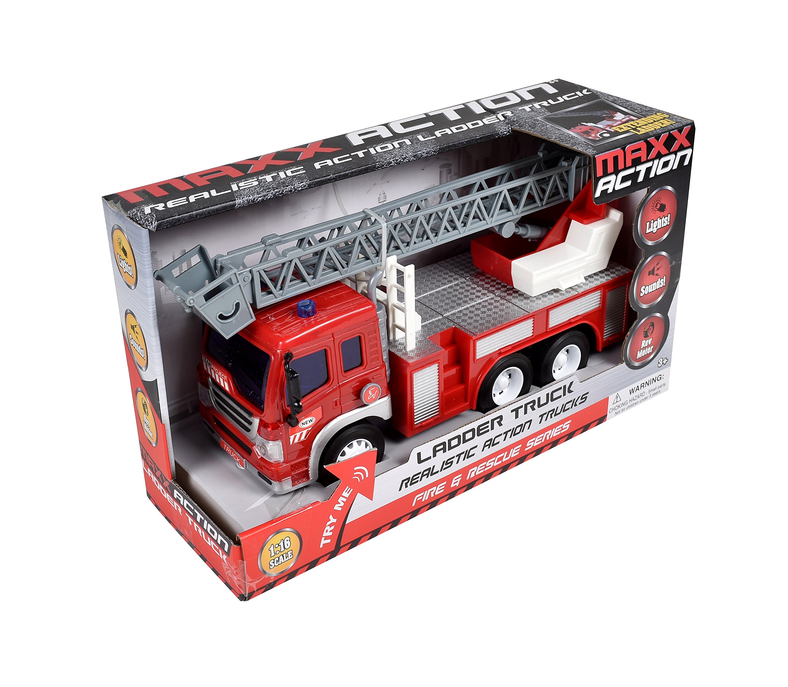 Sunny Days Entertainment Maxx Action Mini Rescue Vehicle Toy Fire Truck with Extention Ladder and Push Button Lights and Sounds (Colors and Style Purchased May Vary)