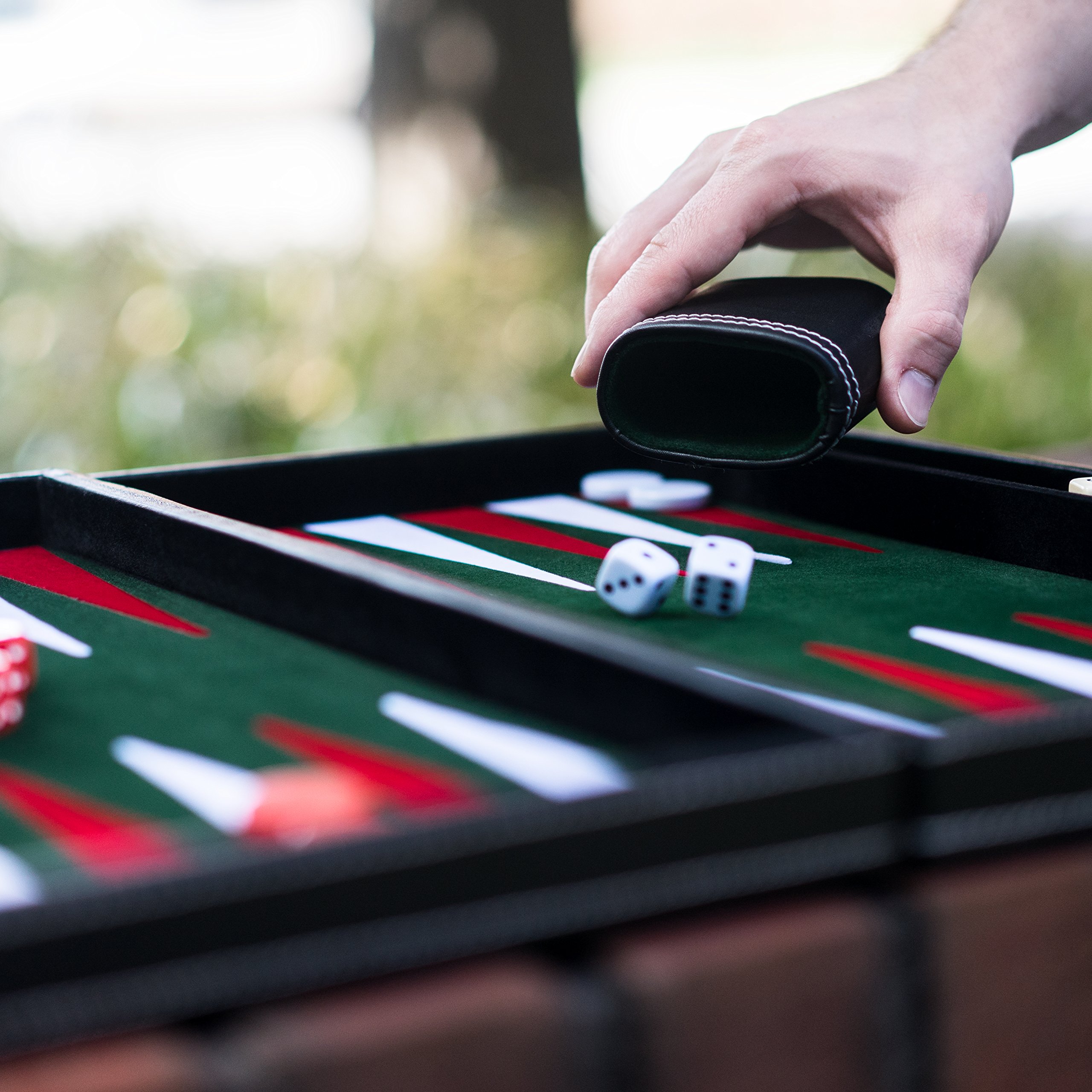 Smart Tactics Premium Backgammon Set - Large 17'' Wood & PU Leather Folding Backgammon Board Game - Green/White/Red Felt Interior - Includes Dice Cups, Doubling Cube & Instruction Manual