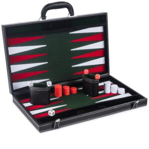 smart tactics premium backgammon set - large 17'' wood & pu leather folding backgammon board game - green/white/red felt interior - includes dice cups, doubling cube & instruction manual